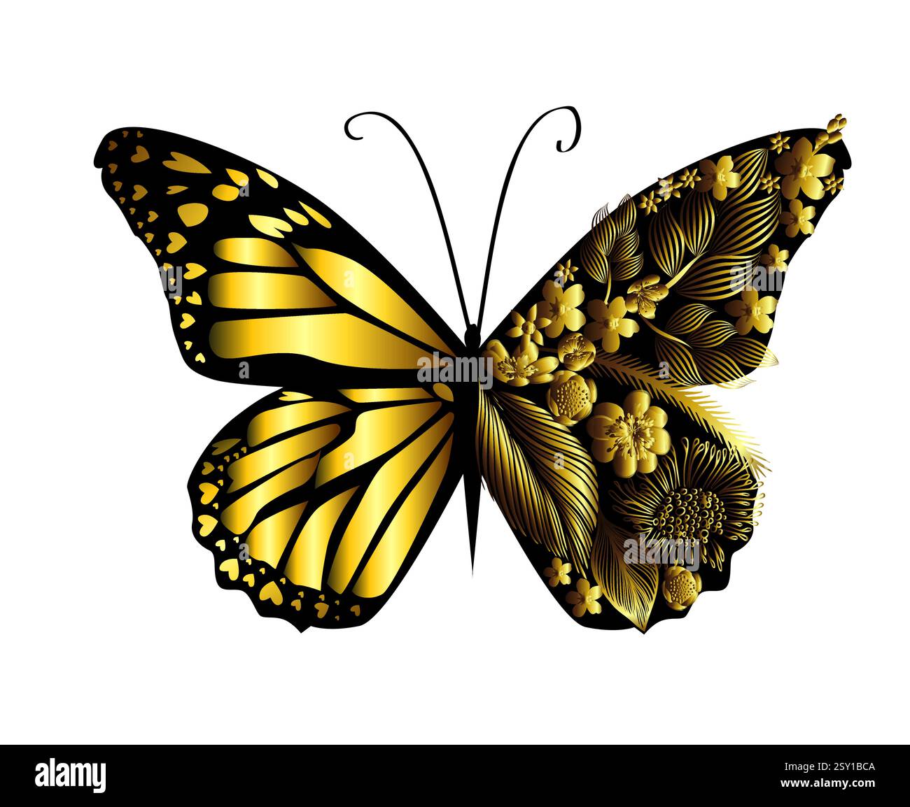 Golden butterfly with golden flowers. hand drawing. Not AI. Vector ...