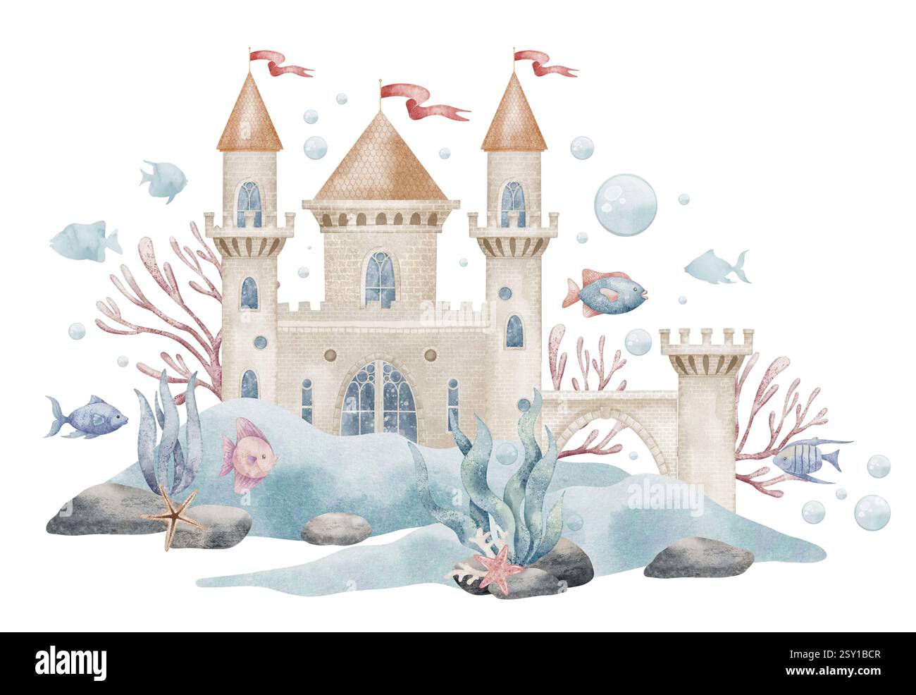 Watercolor illustration of an underwater Castle surrounded by fish ...
