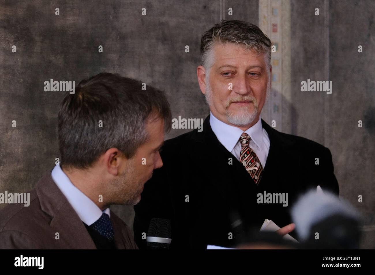 Italian Minister of Culture Alessandro Giuli are seen at Regio IX after ...