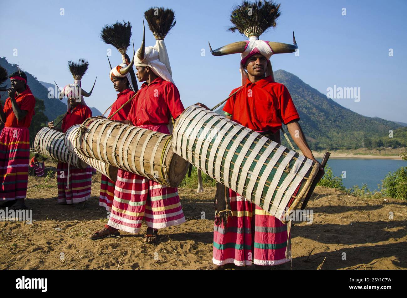 Tribal man playing musical instruments, papikondalu, andhra pradesh ...