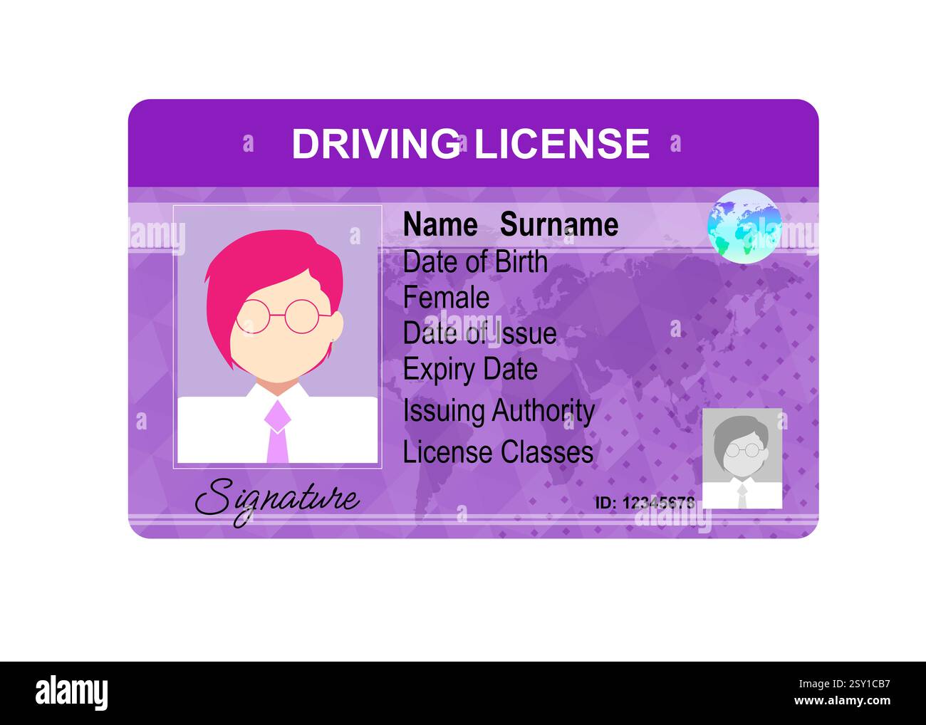 Driver's license with female silhouette and illustration of world map ...