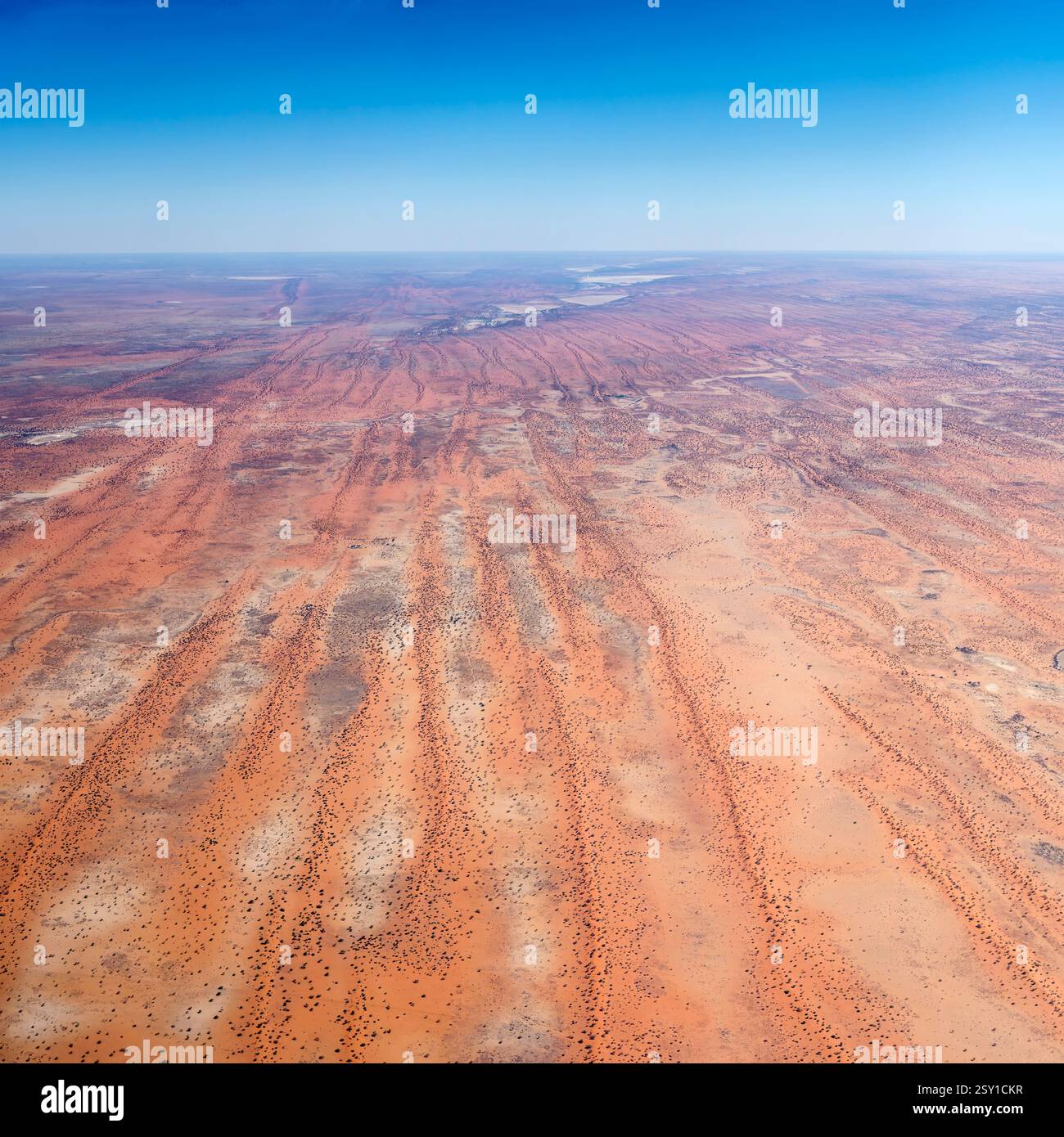 aerial landscape with red sand dunes in Kalahari desert, shot from a ...