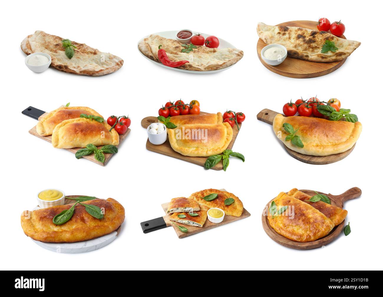 Different delicious calzones isolated on white, set Stock Photo - Alamy