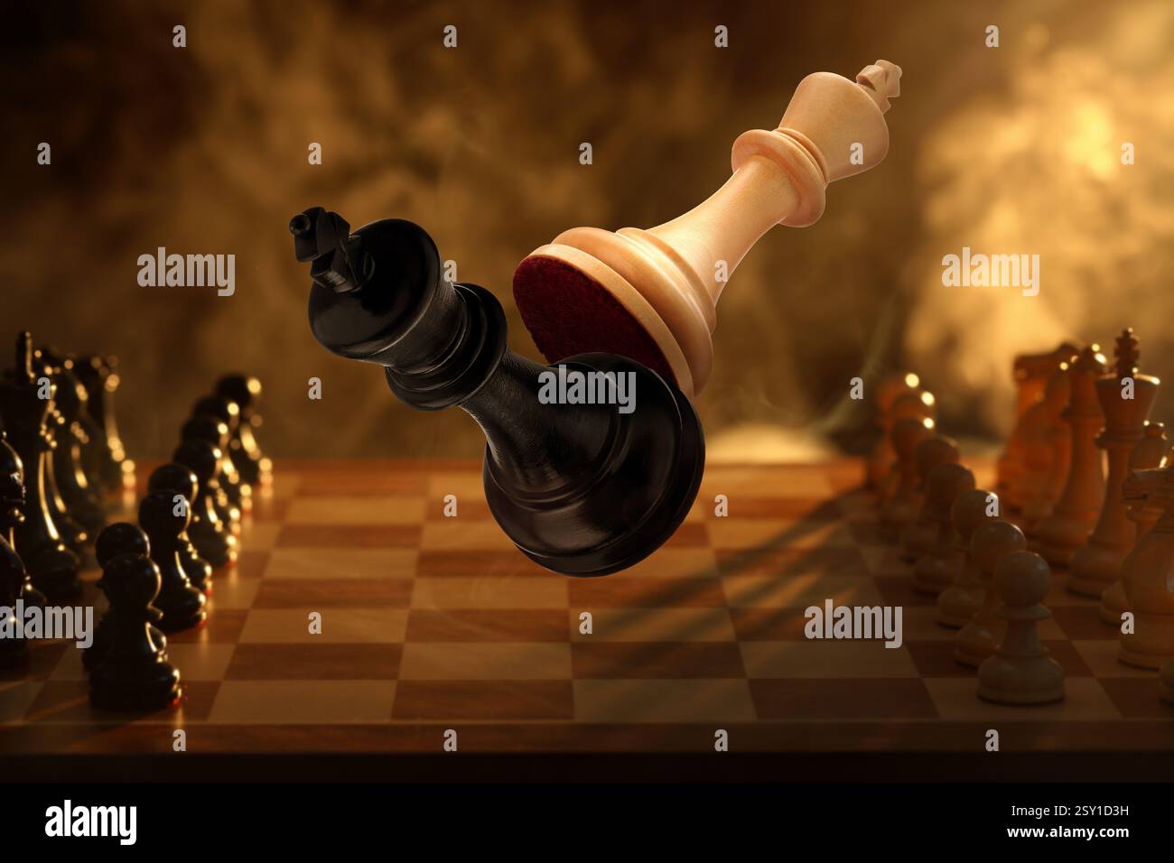 Chess game. White king beating black king in air over chessboard Stock ...