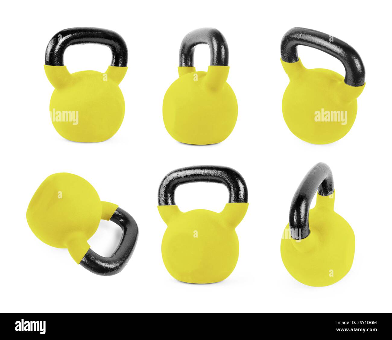 Yellow kettlebell on white background, collage. Views from different ...