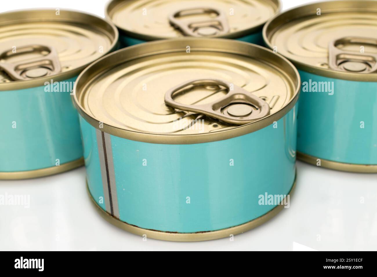 Four metal cans of tuna, close-up, isolated on a white background Stock ...