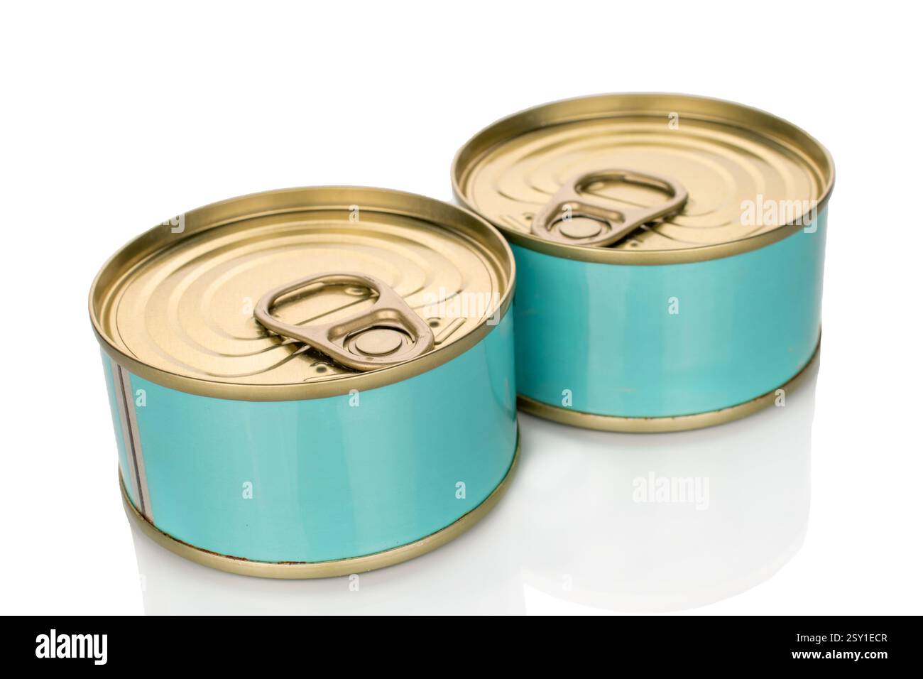 Two metal cans of tuna, close-up, isolated on a white background Stock ...