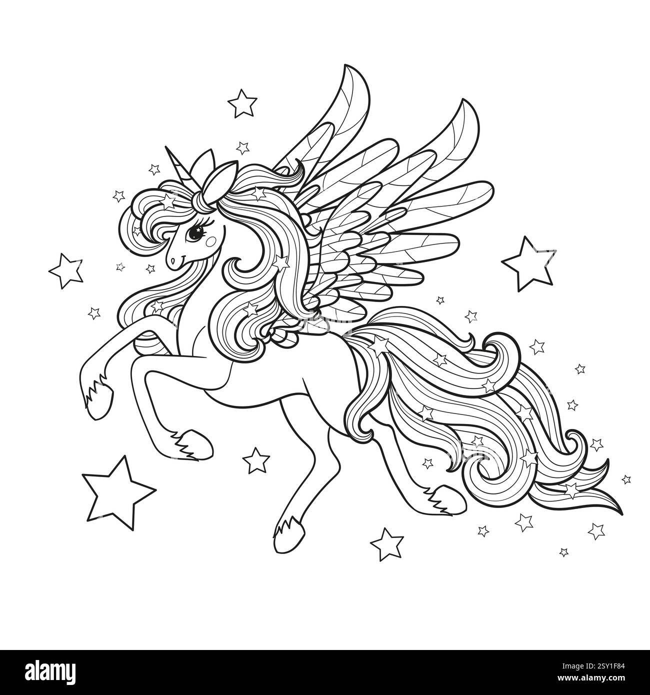 Beautiful unicorn. Black and white linear drawing. Loyalty for children ...