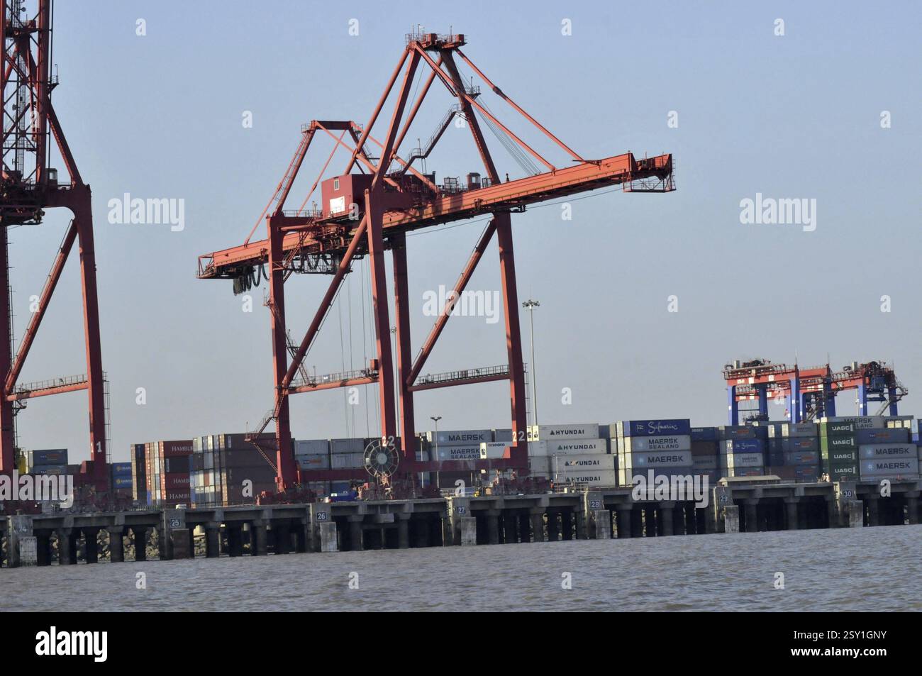 Crane for unloading ships in Pipavav Port at Gujarat India Stock Photo ...