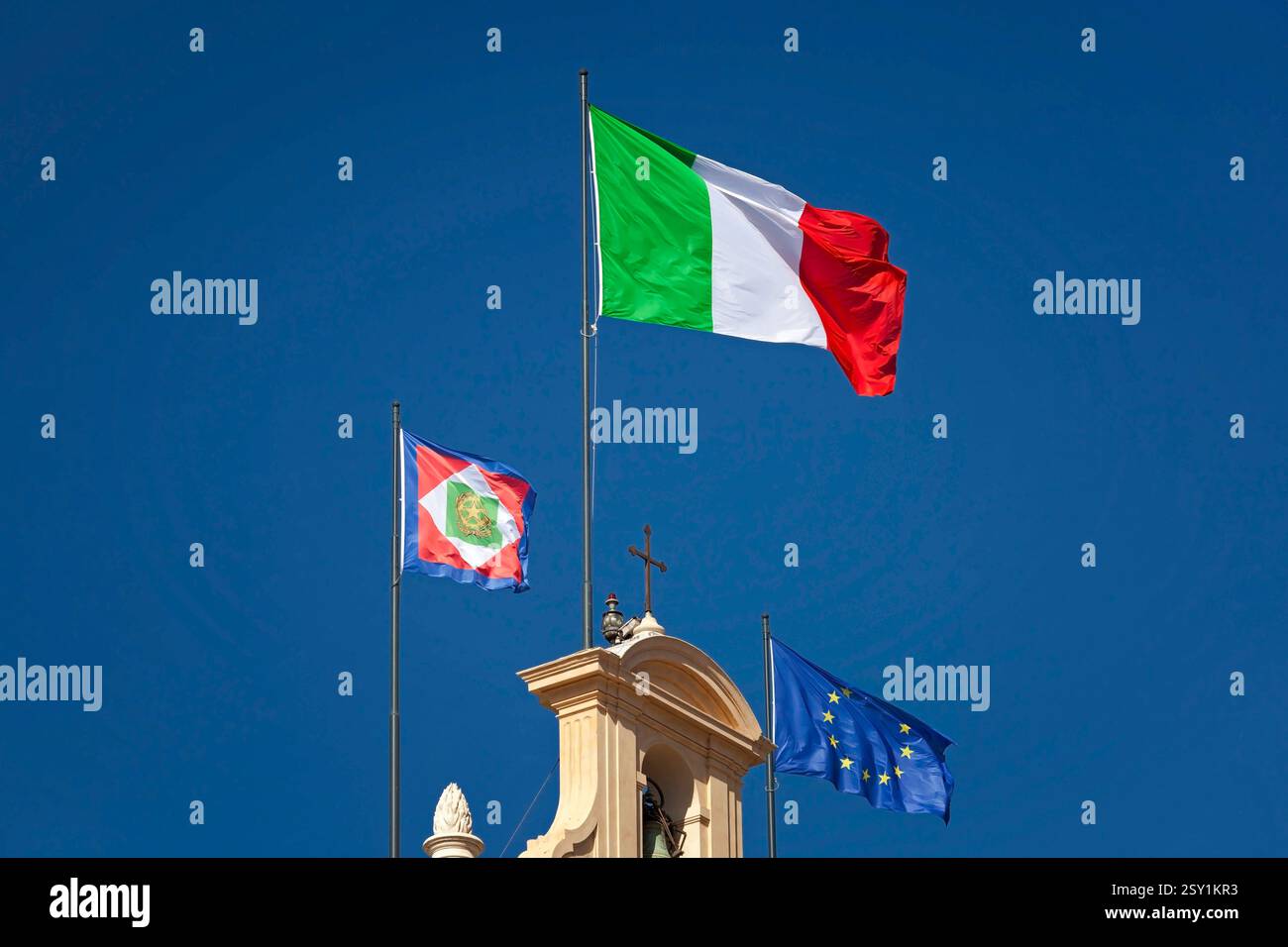 Italian flag waving in the sun Italian flag displayed on the bell tower ...