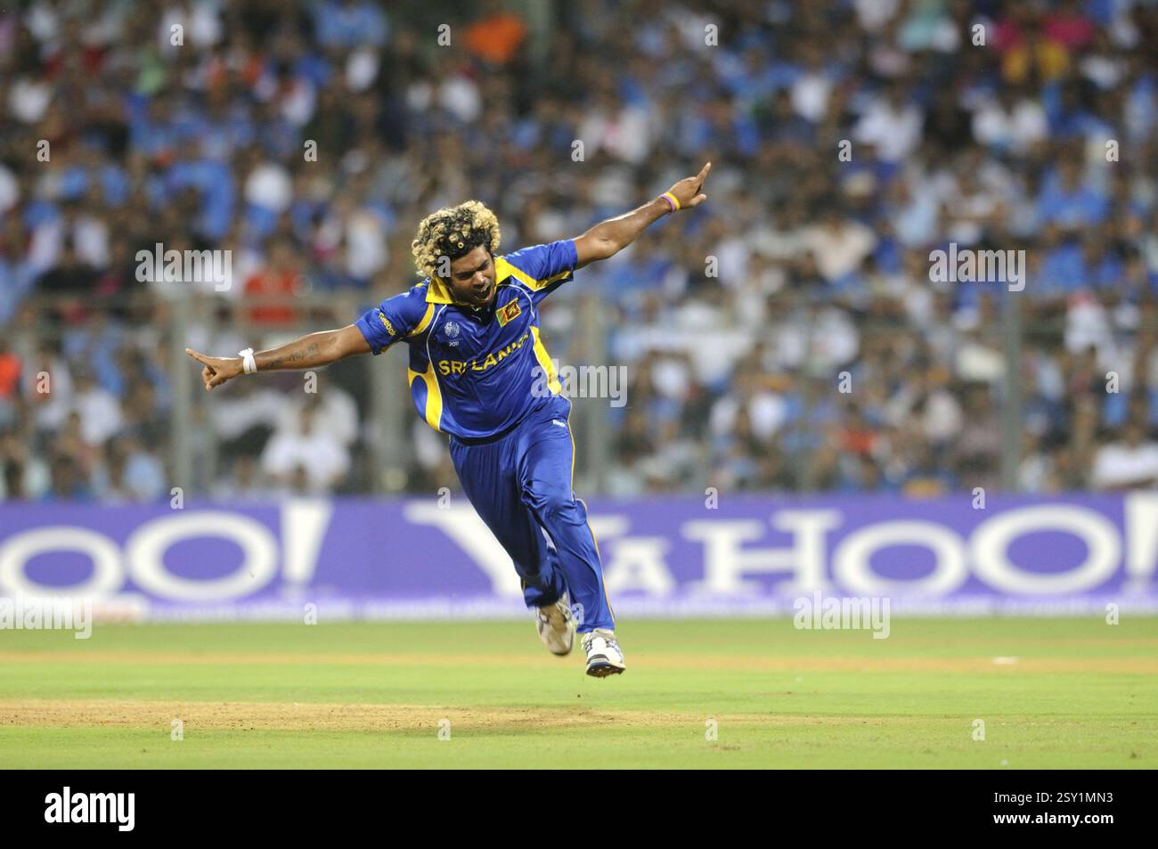 Sri Lankan bowler Lasith Malinga celebrate wicket batsman Sachin Tendulkar 2011 ICC World Cup ...