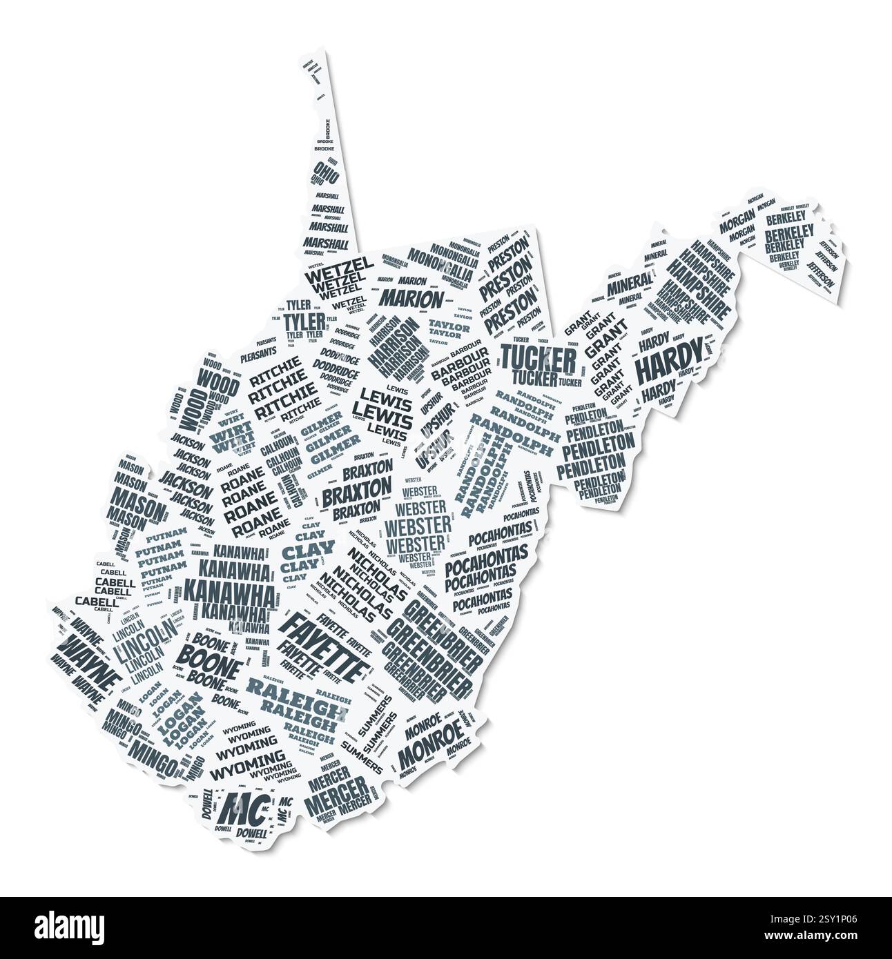 West Virginia shape text cloud. State border with shadow on white ...