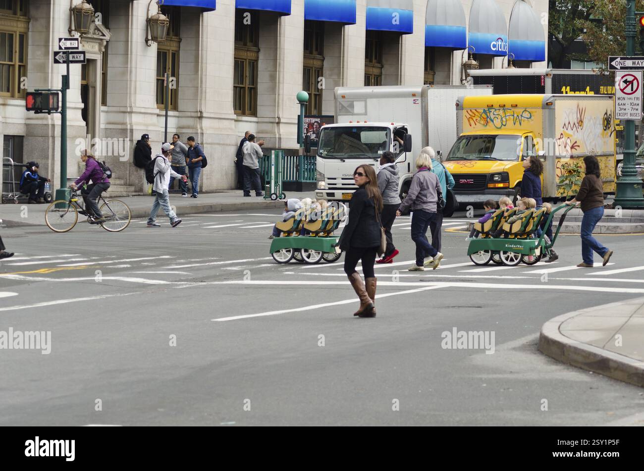Road crossing with children garden multi seater pram, new york, usa ...