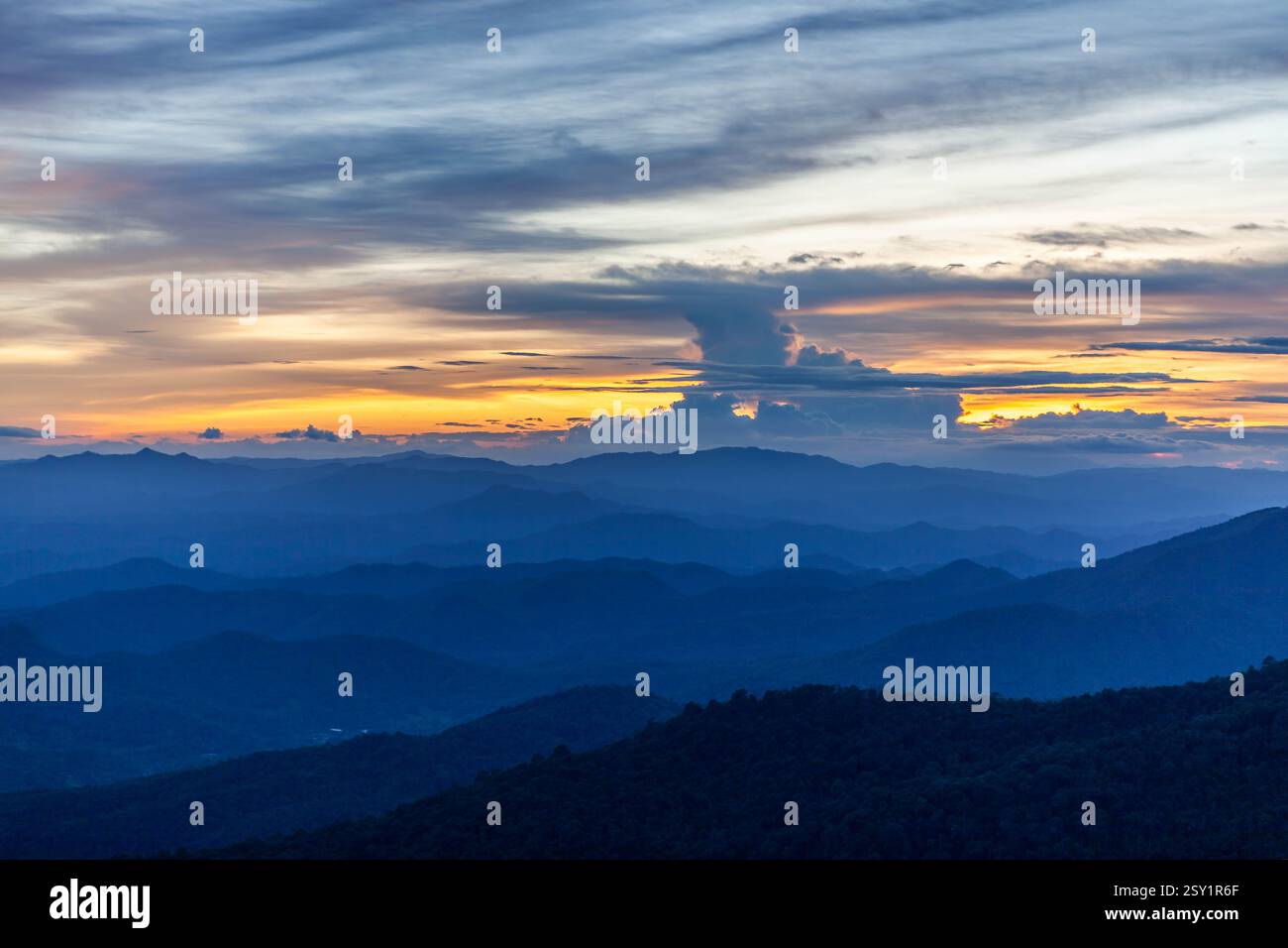 Sunset at Doi Pui viewpoint. Gorgeous North Thailand landscape from the ...