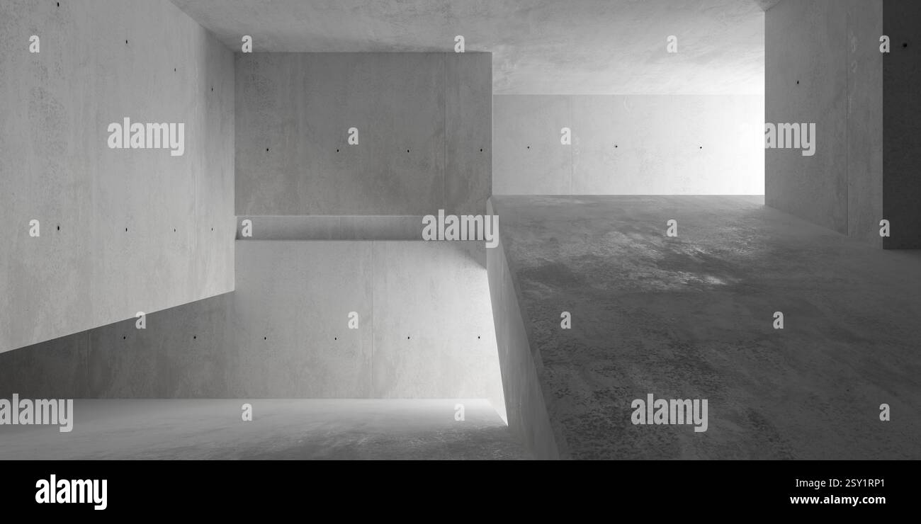 Abstract large, empty, modern concrete room with ramps, indirect light ...