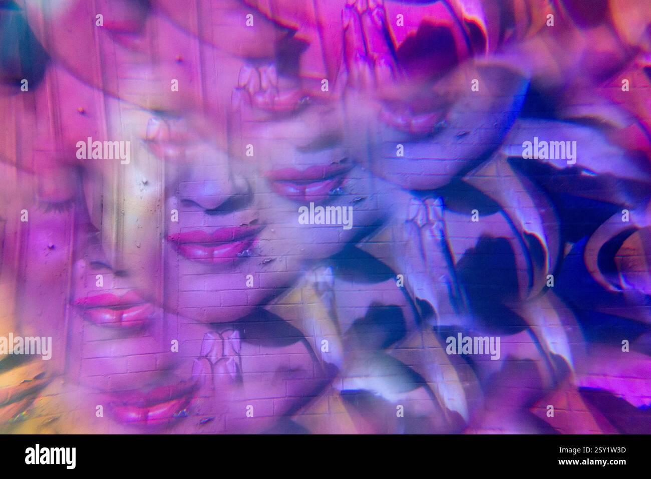 Surreal metropolis with glowing edges and overlapping graffiti Stock ...