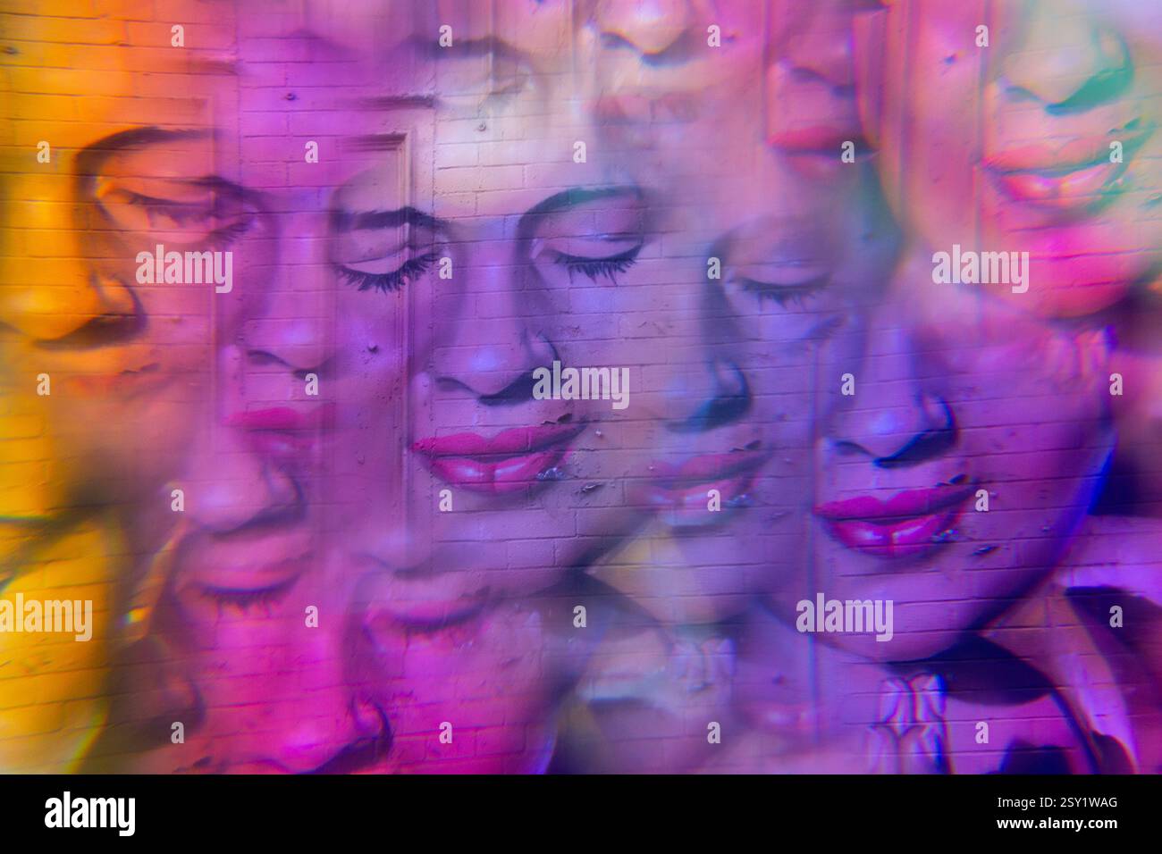Surreal metropolis with glowing edges and overlapping graffiti Stock ...