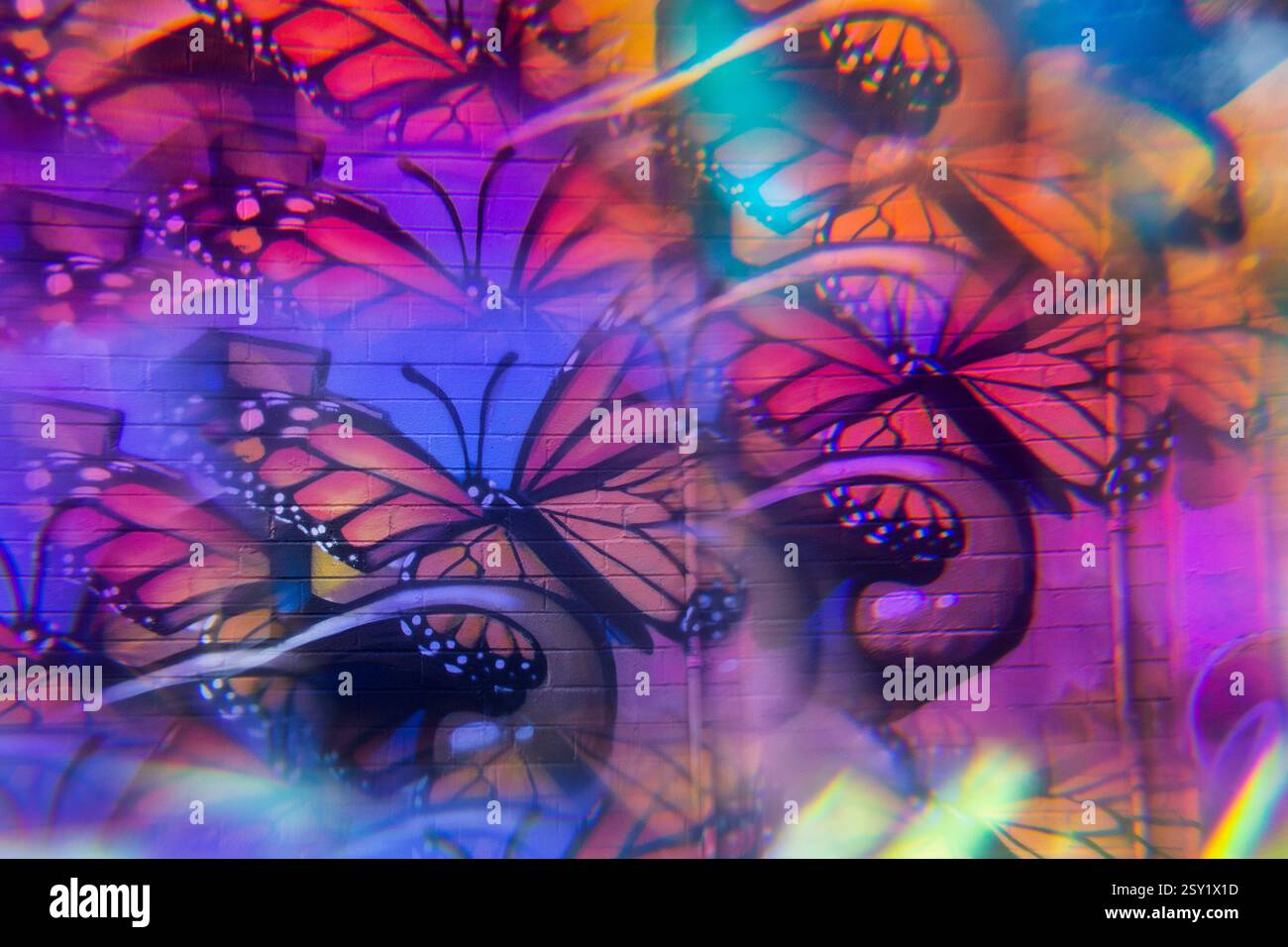 Surreal metropolis with glowing edges and overlapping graffiti Stock ...