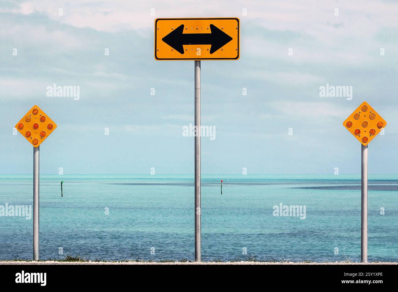 Opposite directions Panoramic ocean view in a horizontal line. A sign ...