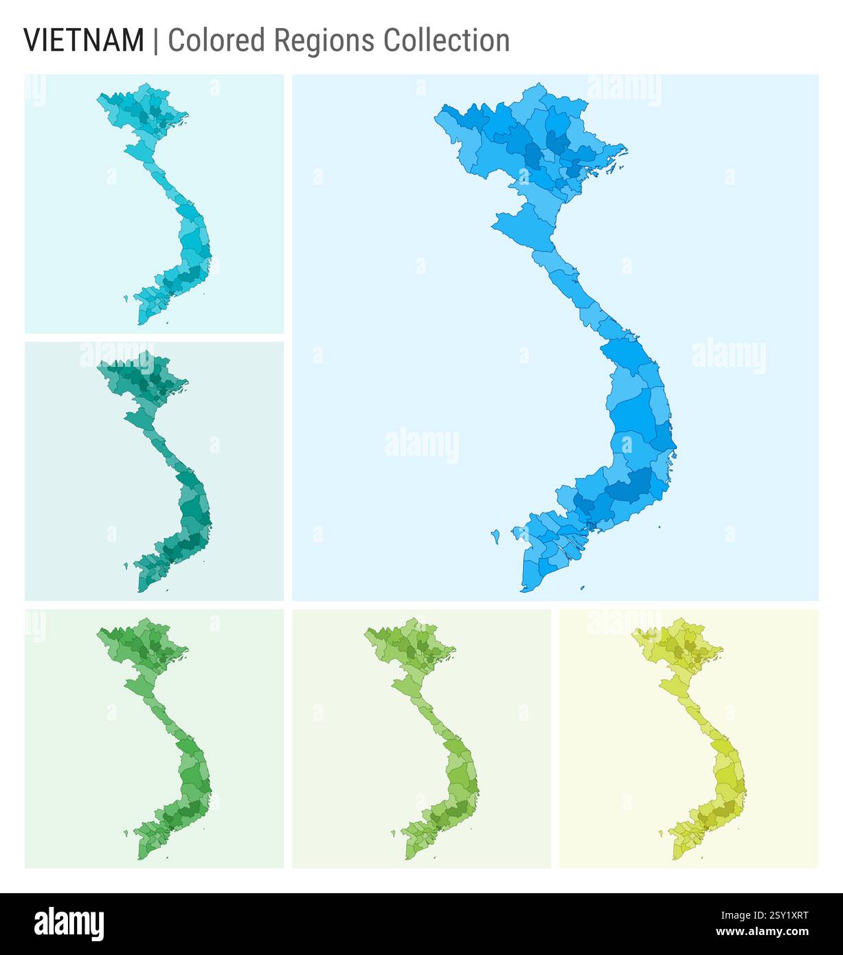 Vietnam map collection. Country shape with colored regions. Light Blue ...