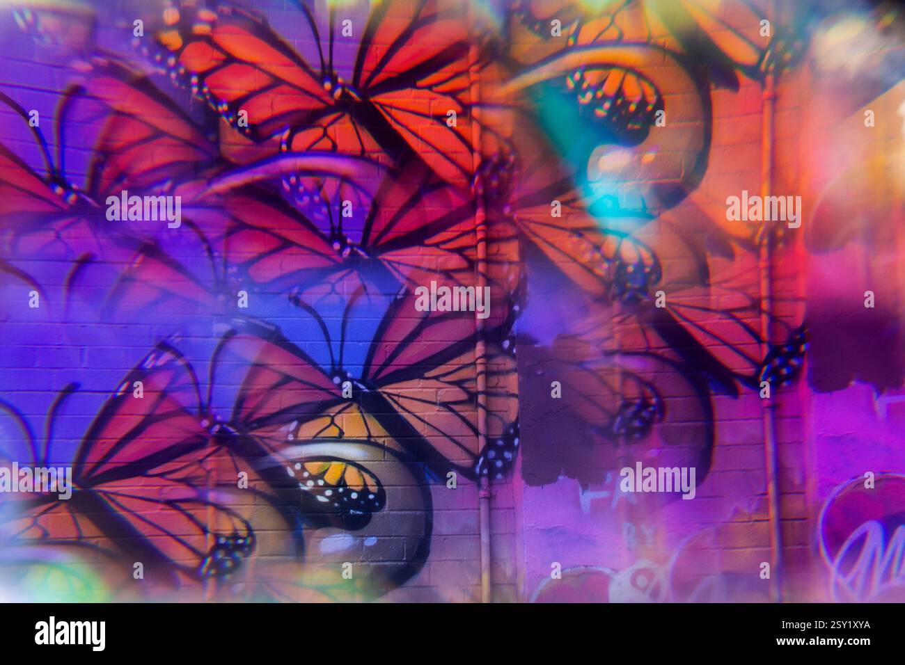 Surreal metropolis with glowing edges and overlapping graffiti Stock ...