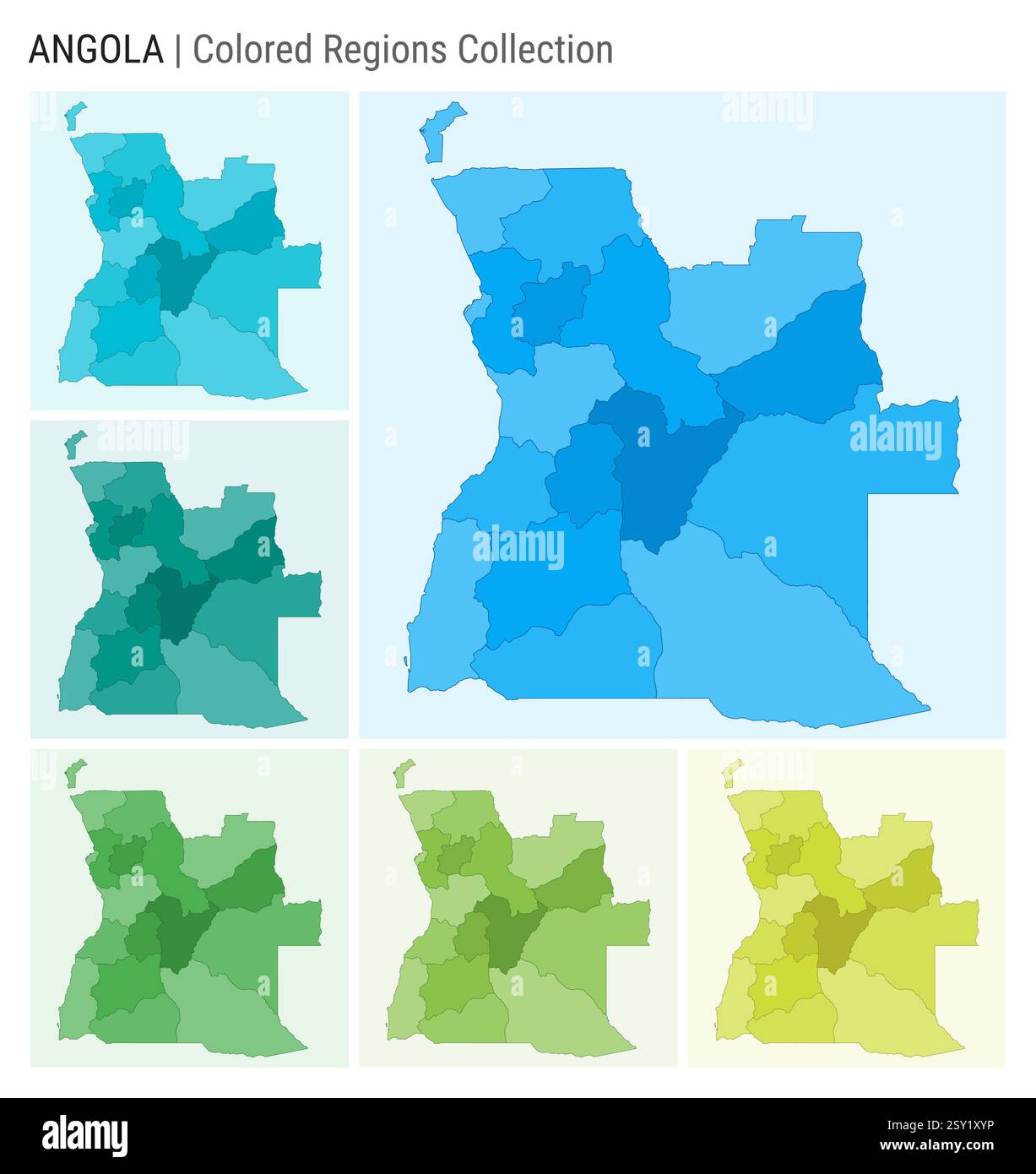 Angola map collection. Country shape with colored regions. Light Blue ...