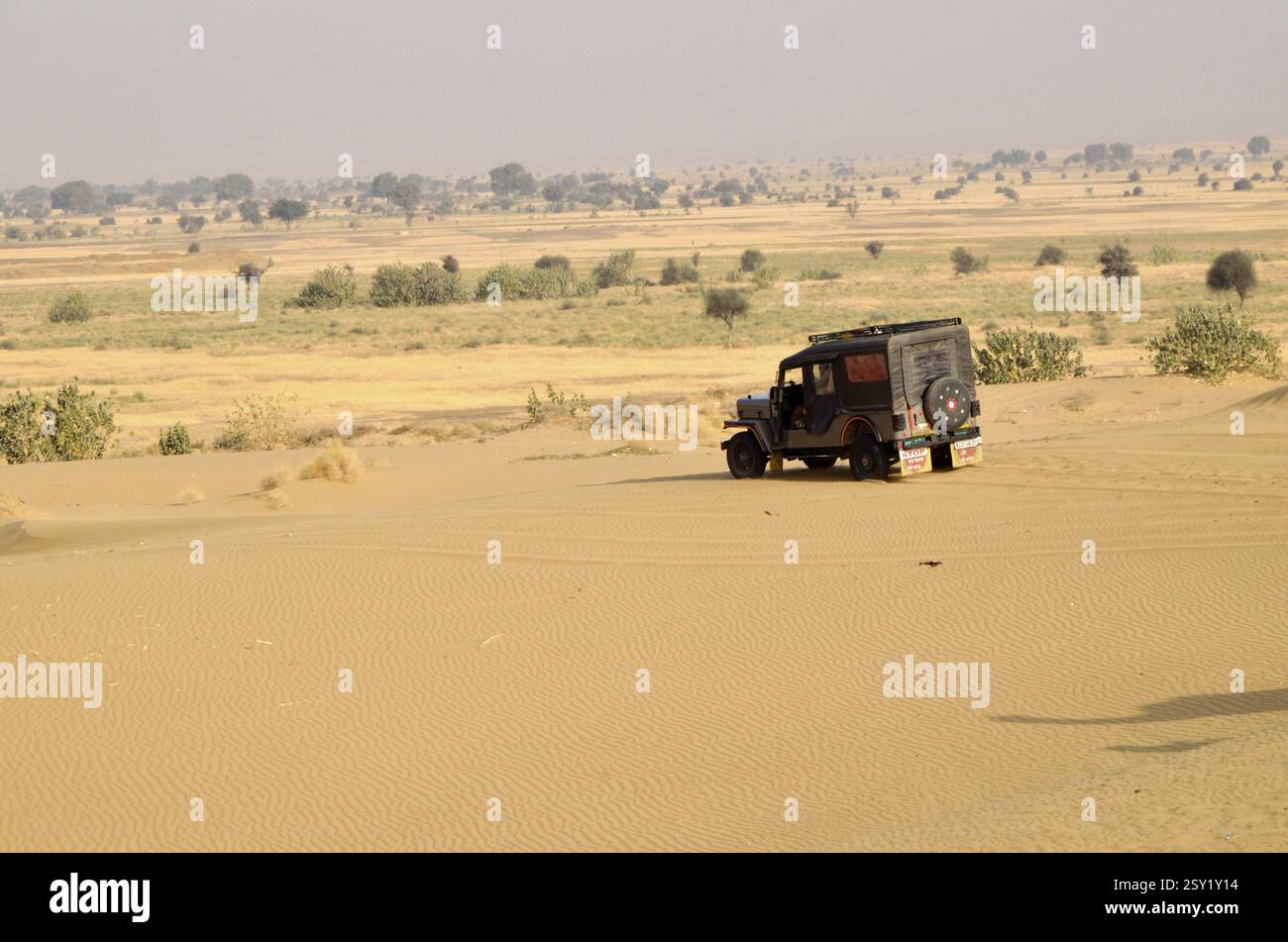 Jeep running on sand dunes Rajasthan India Asia Stock Photo - Alamy