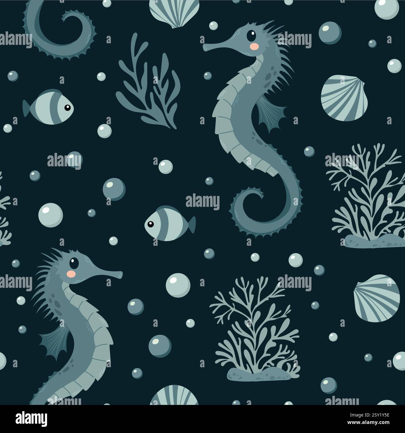 Sea seamless pattern with seahorse, fish, seaweed, seashell flat style ...