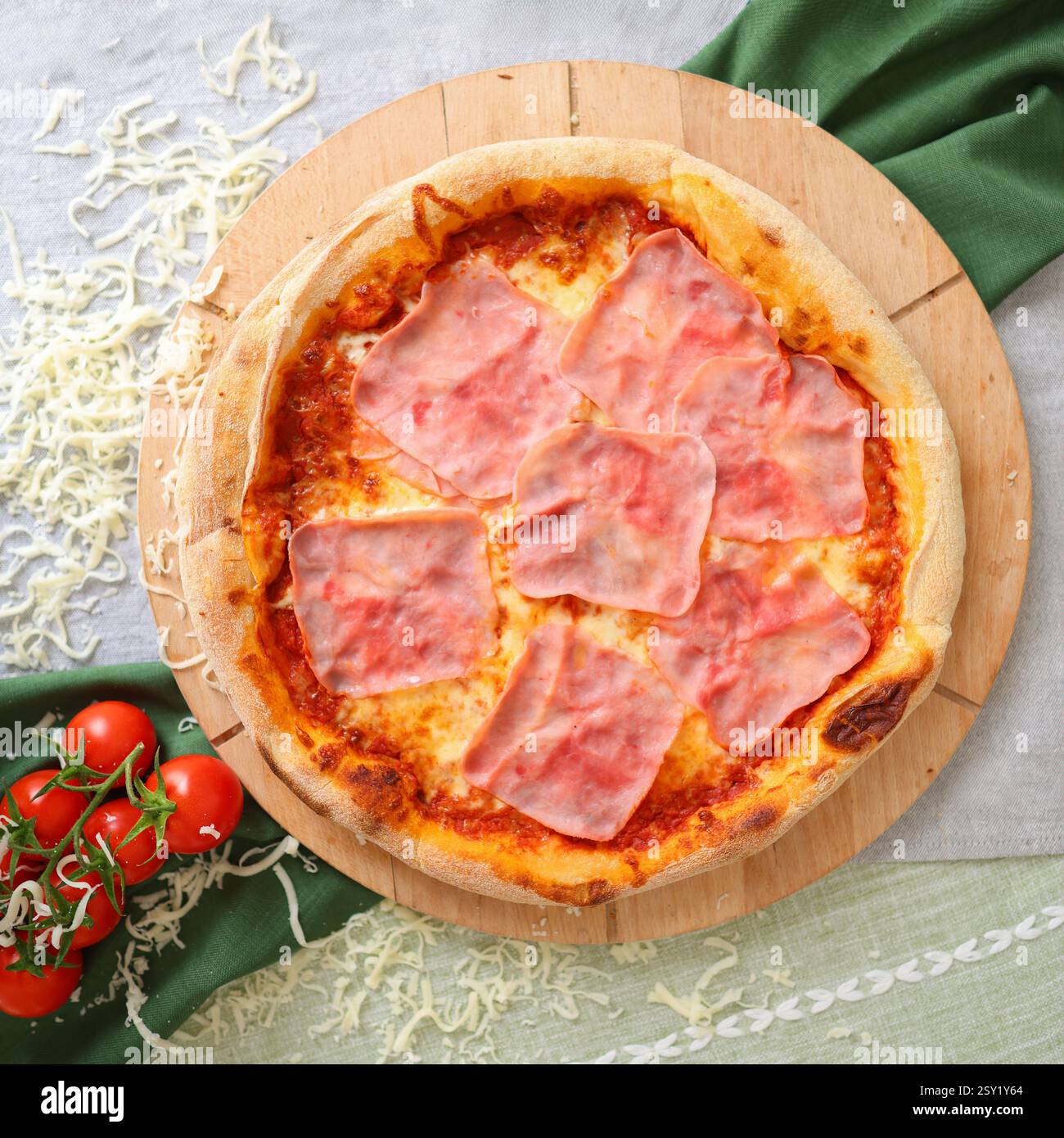 top view pizza with cured ham, cheese, tomatoes, copy space, moc up ...