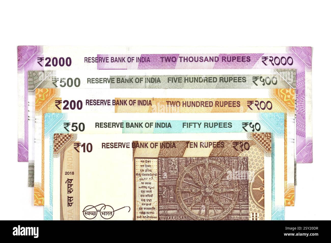 New Indian currency of 2000, 500, 200, 50 and 10 rupee notes Stock ...