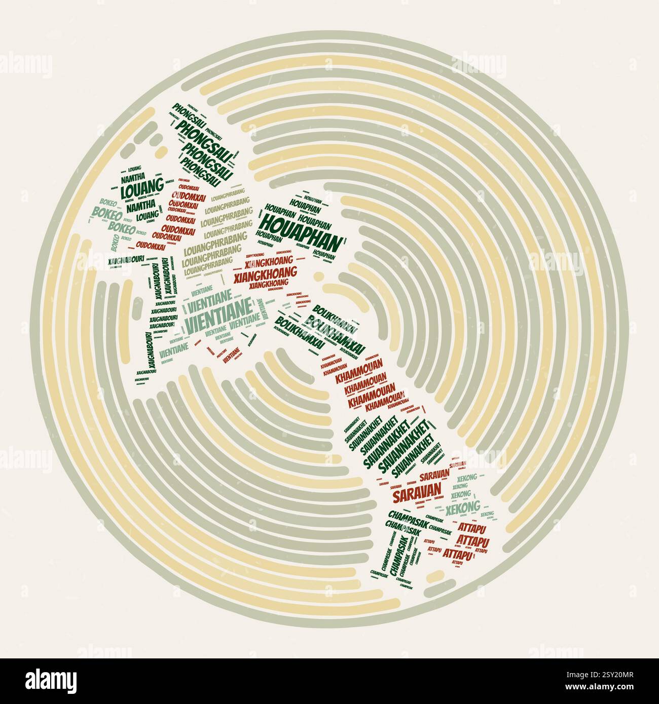 Laos Round Poster. Typography style image of Country. Regions word ...