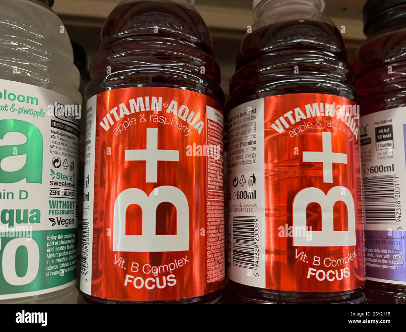 Vitamin Aqua B+ drink on grocery store shelf, functional beverages ...