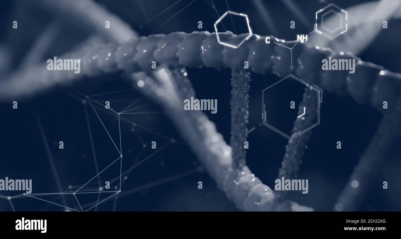 Image of network of connections over dna strand and chemical formula ...