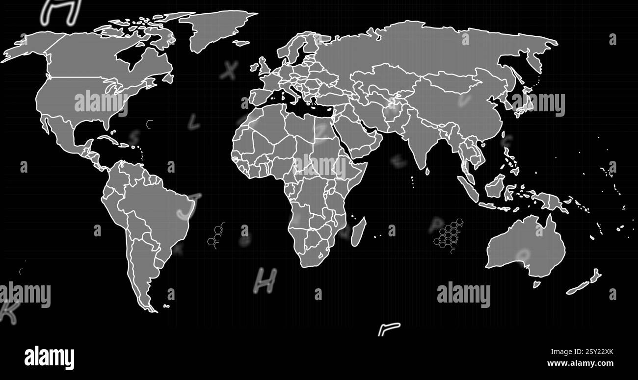 Image of letters over world map on black background Stock Photo - Alamy