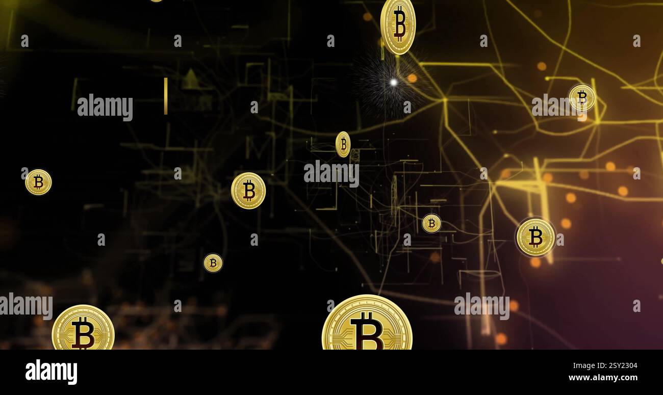 Image of bitcoin icons, digital data processing over network of connections Stock Photo - Alamy
