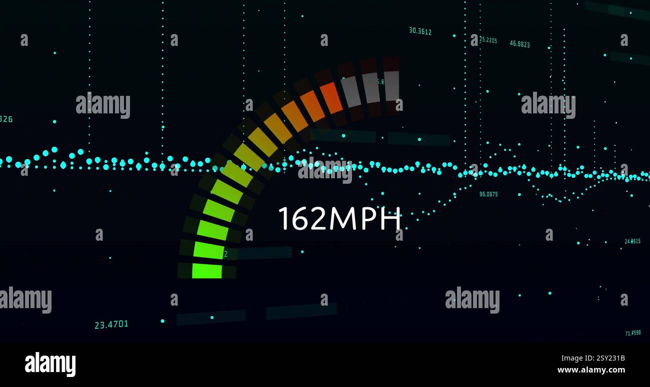 Image of speedometer and data processing over black background Stock Photo - Alamy