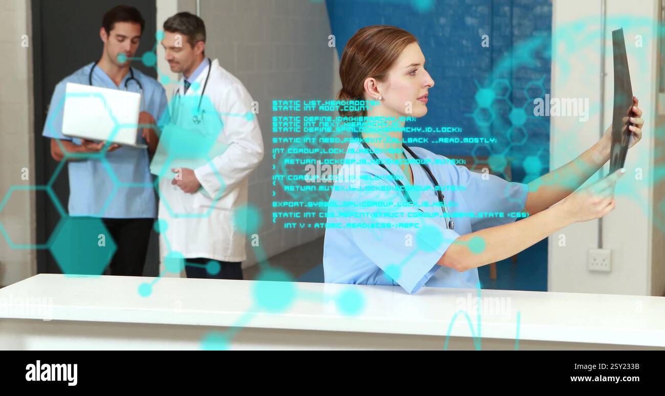 Image of data processing over caucasian doctors talking and checking ...