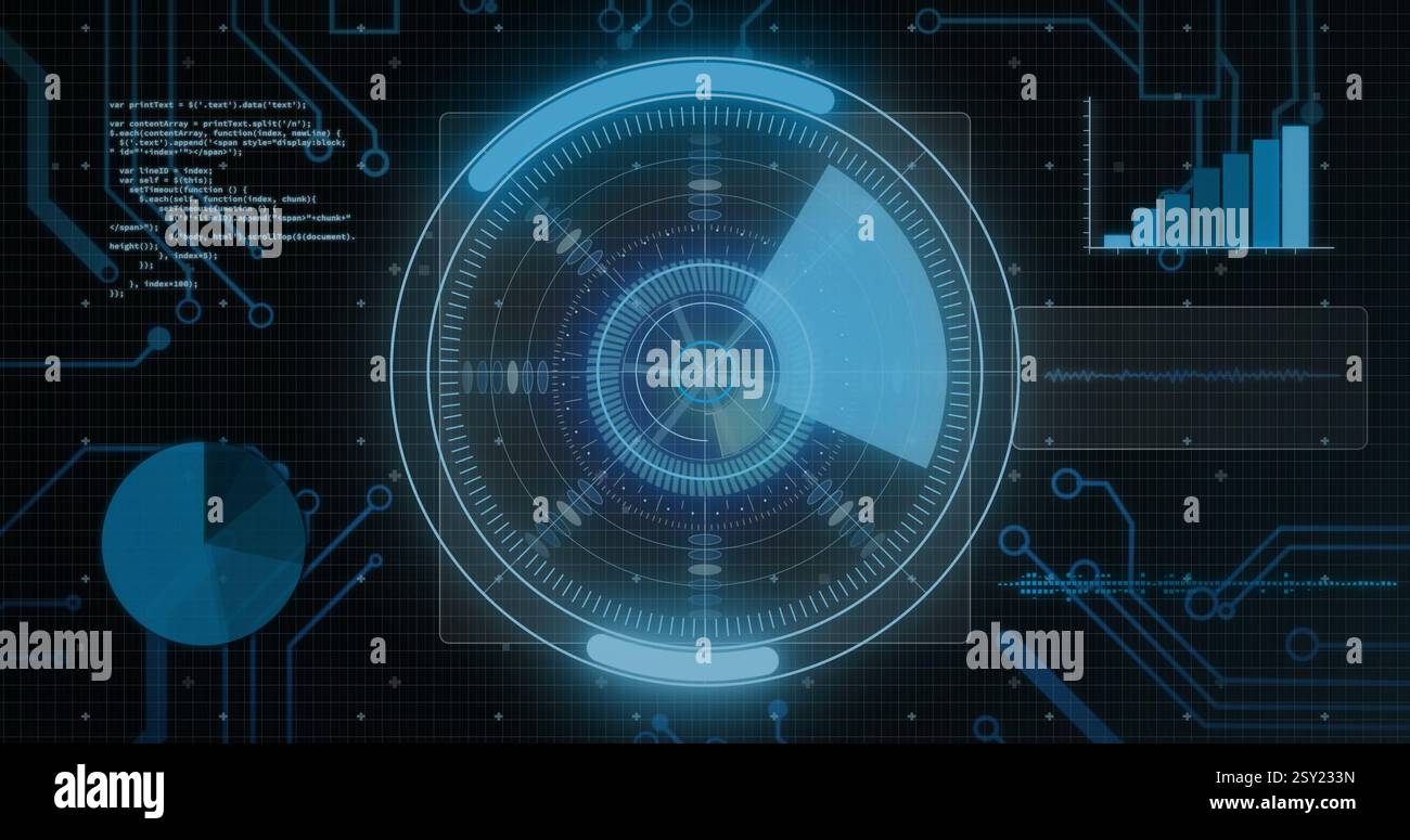 Rotating circular interface with digital elements, futuristic image over grid background Stock ...