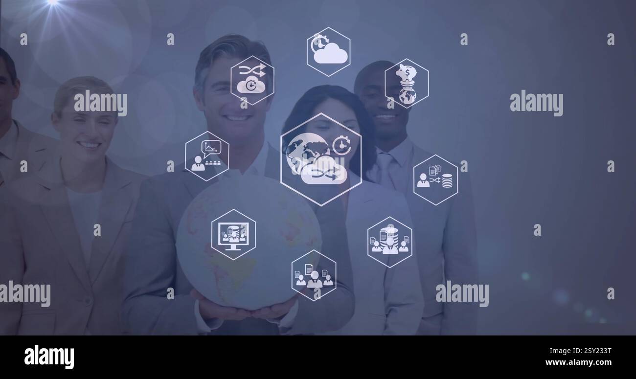 Image of media icons over diverse colleagues smiling with globe Stock ...