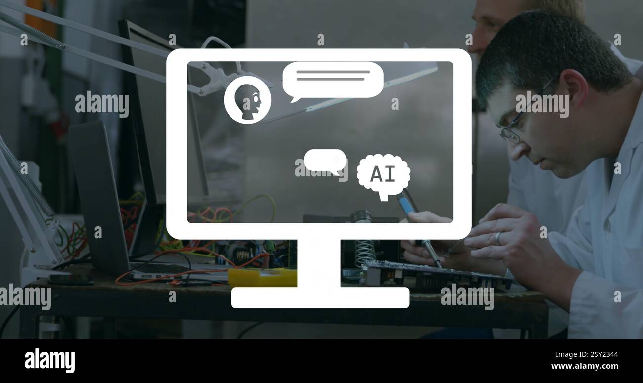 Image of ai chatbot icons on computer screen over diverse engineers ...