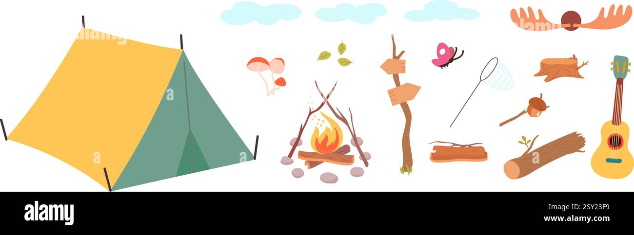 Camping cartoon elements. Isolated tent, fire, wooden log, leaves and ...