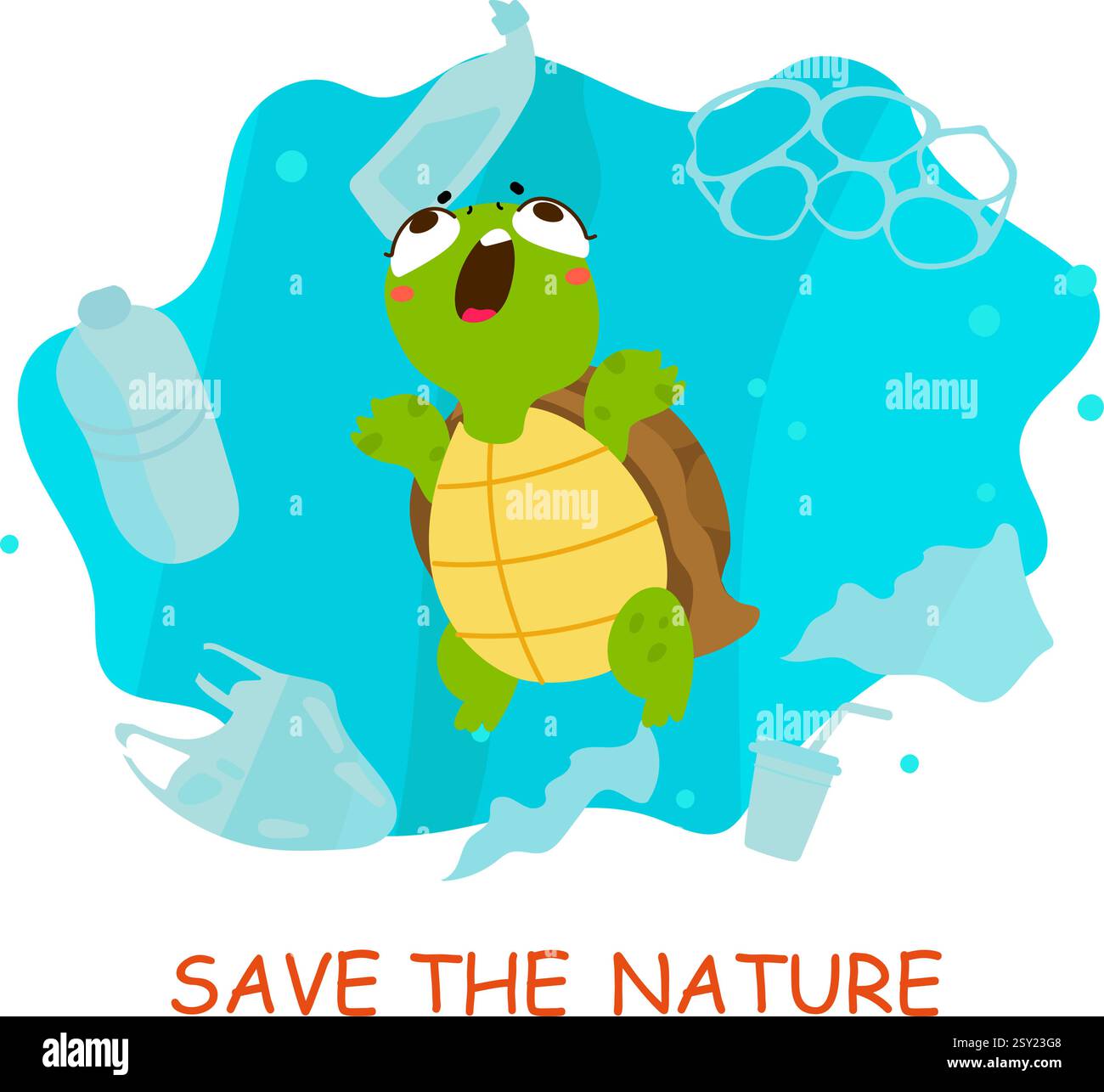 Cartoon turtle and garbage. Trash in ocean or sea, problem of water and ...