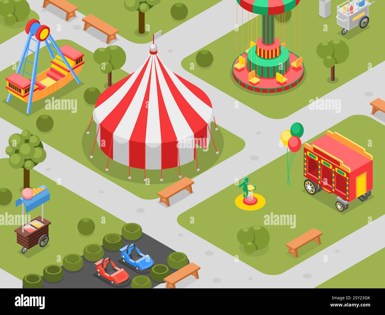Amusement park and circus tent. Carousels and various swings, car rides ...