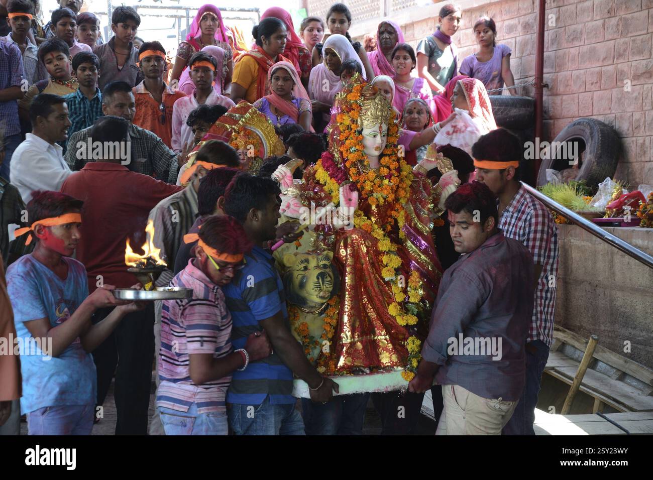 Men carrying durga idol immersion, gulab sagar, jodhpur, rajasthan ...