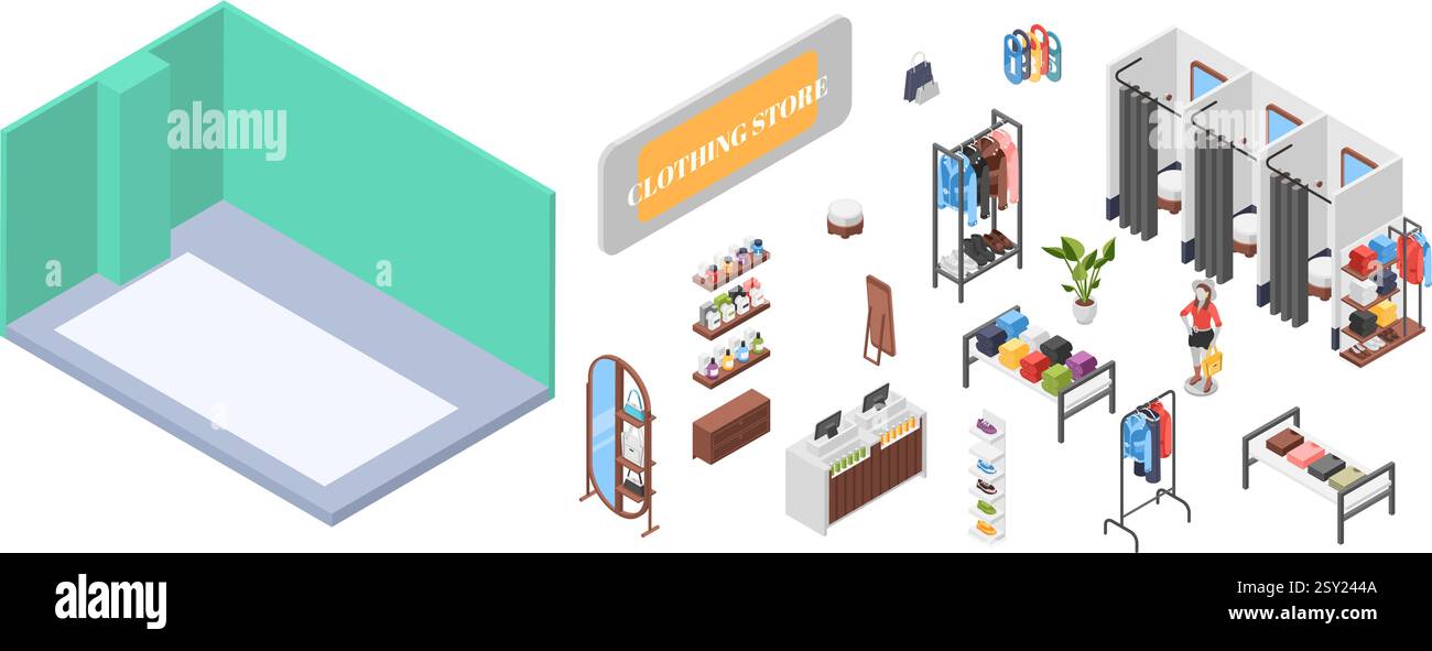 Clothing store location and elements. Isometric furniture for boutique ...