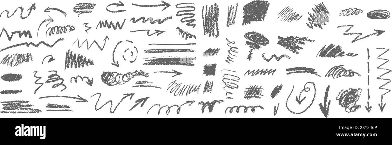 Charcoal pencil drawing elements. Grunge arrows and decorative strokes ...