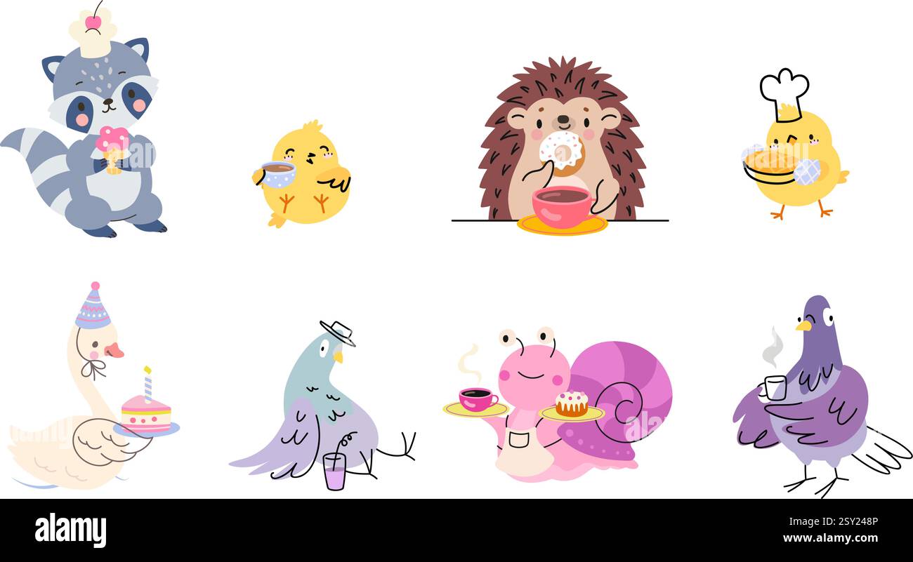 Cute cartoon animals and birds with sweet food and drinks. Yellow ...