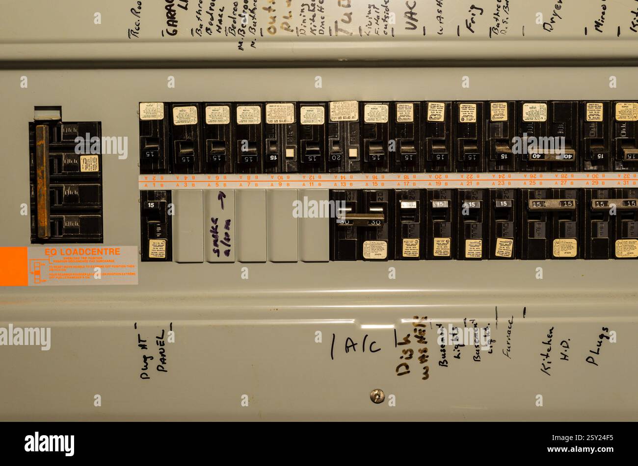 Close-up of a section of a residential circuit breaker panel with hand ...