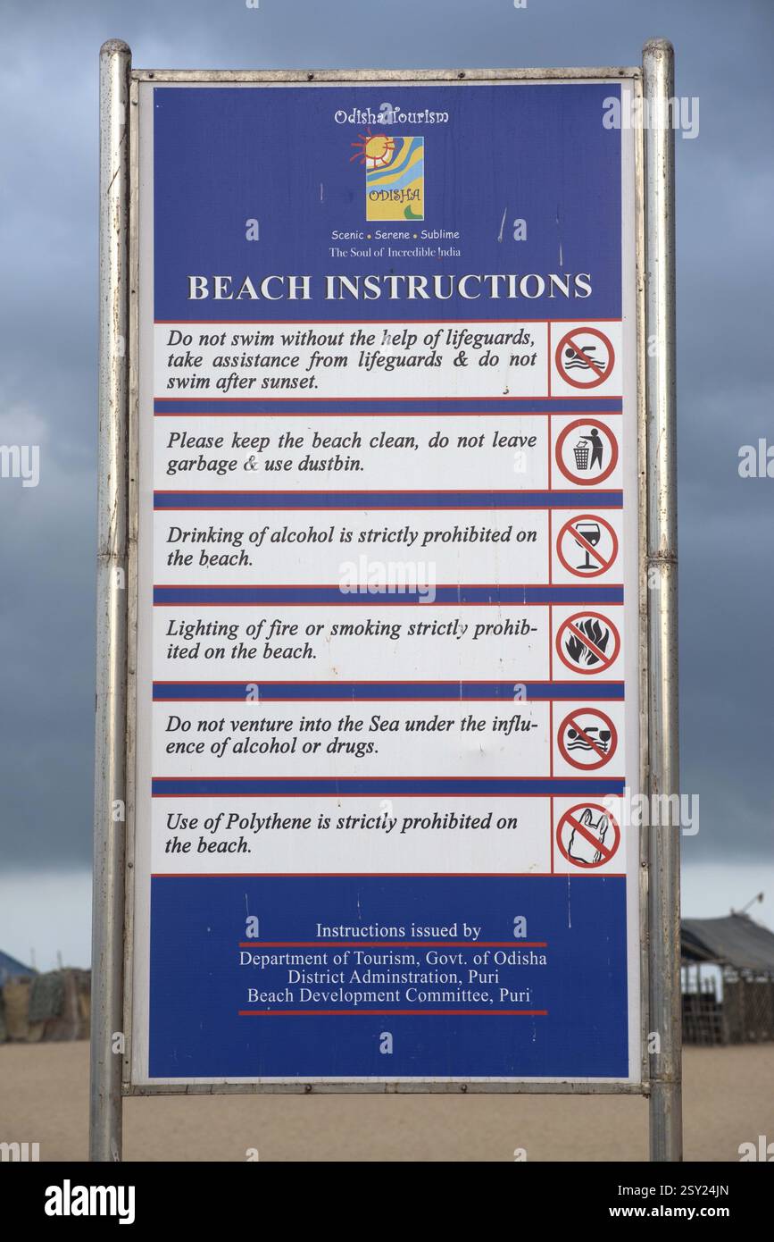 Instruction board beach, puri, orissa, india, asia Stock Photo - Alamy