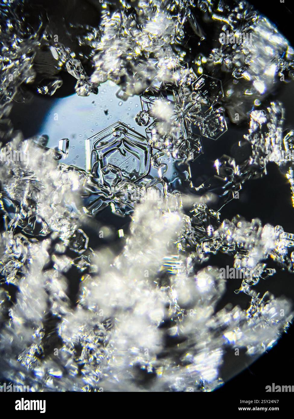 View on snowflake under microscope ocular Stock Photo - Alamy